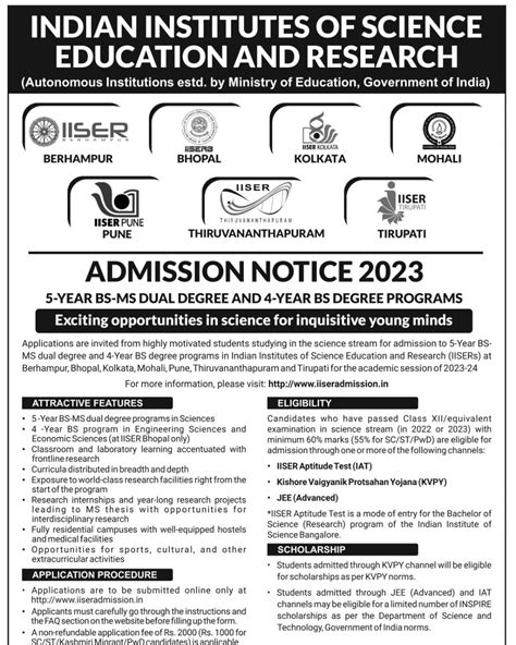 Iiser 2023 Admission Notice Is Live Now Read Times Of India Advertisement Dated 12th April