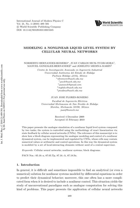 Pdf Modeling A Nonlinear Liquid Level System By Cellular Neural Networks