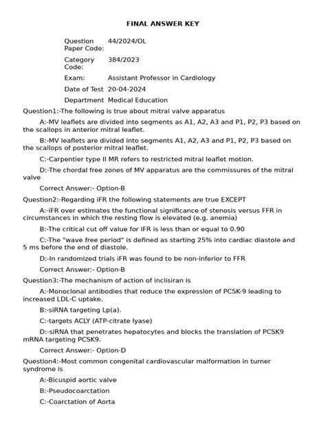 Final Answer Key Asst Professor Cardiology Pdf Aorta Heart Valve