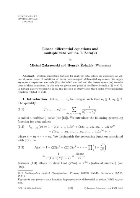 Pdf Linear Differential Equations And Multiple Zeta Values I Zeta2