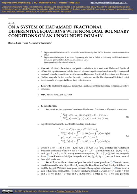 Pdf On A System Of Hadamard Fractional Differential Equations With Nonlocal Boundary