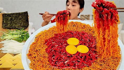육회 1kg 비빔면 8봉지 육빔면 먹방 완전 꿀조합이에요 Yukhoe And Bibimmyeon Mukbang Asmr Youtube