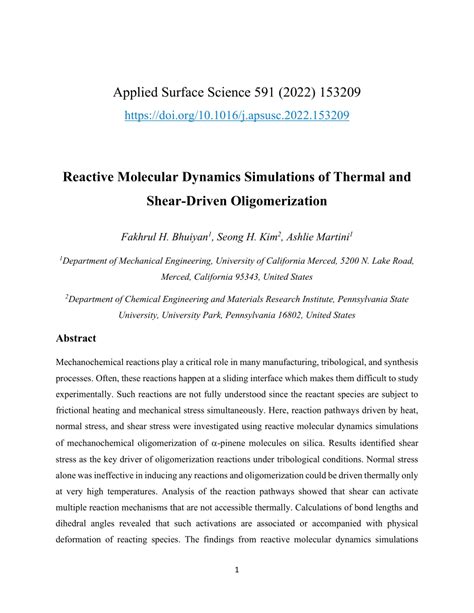 Pdf Reactive Molecular Dynamics Simulations Of Thermal And Shear