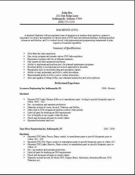 Machinist Resume Examples