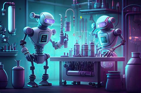 High Tech Laboratory With Two Robots Performing Complex Chemical Experiments On Beakers And
