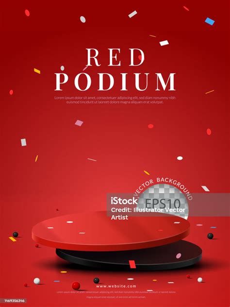 빨간색 배경에 색종이가 있는 현대적인 빨간색과 검은색 원형 연단 벡터 그림 0명에 대한 스톡 벡터 아트 및 기타 이미지 0명