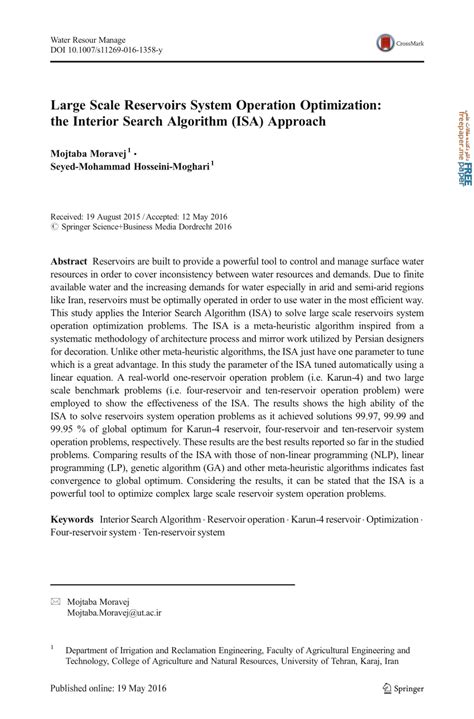Pdf Large Scale Reservoirs System Operation Optimization The Interior Search Algorithm Isa