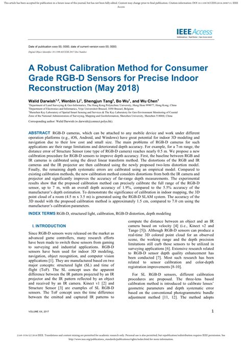 Pdf A Robust Calibration Method For Consumer Grade Rgb D Sensors For Precise Indoor