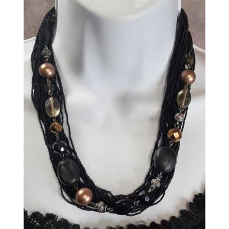 Vintage Coldwater Creek Multi Strand Black Beaded Necklace With Bronze