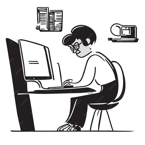 Programmer Coding On A Computer Vector Illustration Doodle Line Art