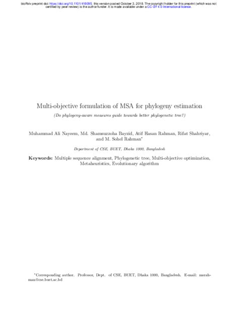 Pdf Multi Objective Formulation Of Msa For Phylogeny Estimation