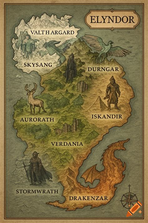 Stylized Fantasy Map Of The Continent Elyndor With Labeled Regions And