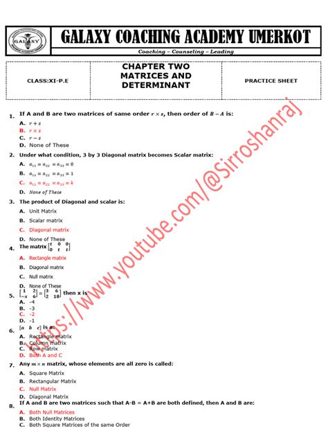 Matrices And Determinant Practice Sheet Answer Key Pdf Matrix