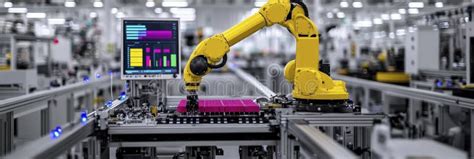 Yellow Robotic Arm Assembling Circuit Boards In Factory Stock