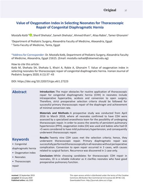 Pdf Value Of Oxygenation Index In Selecting Neonates For Thoracoscopic Repair Of Congenital