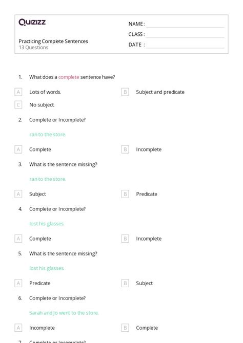 50 Complete Sentences Worksheets For 5th Class On Quizizz Free