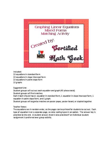 Forms Of Linear Equations And Graphs Matching Activity By Certified Math Geek