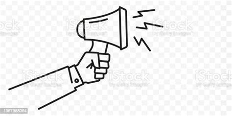 핸드 홀딩 메가폰 라인 아이콘 프로모션 베이스 아이콘입니다 투명 배경에 벡터 그림 휴대용 마이크에 대한 스톡 벡터 아트 및 기타