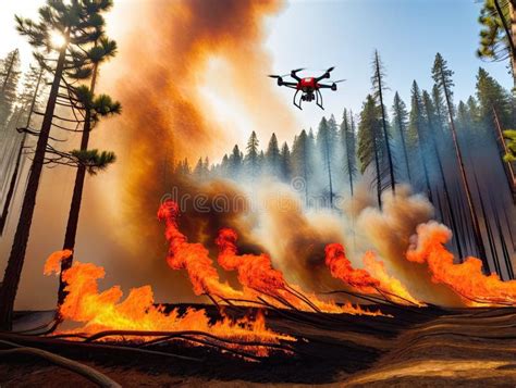 Drone Fighting A Forest Fire Under A Blue Sky With Towering Trees Stock Illustration