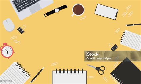 현대 비즈니스 사무실 작업 공간 배경의 상위 보기입니다 노트북 디지털 장치 및 메모장이 있는 사무실 책상의 평면 그림 0명에 대한 스톡 벡터 아트 및 기타 이미지 Istock