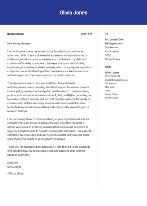 17 Biostatistician Cover Letter Examples And Templates For 2025 Resumedesign Ai