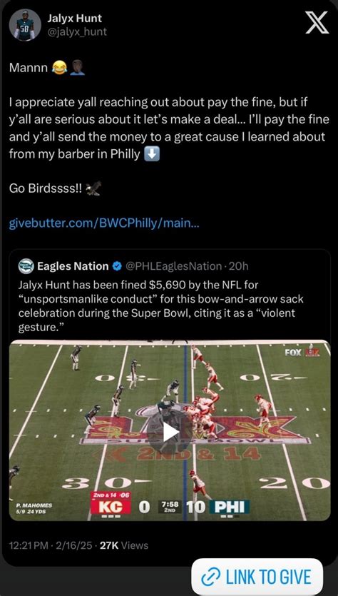 Jalyx Hunt Convierte Una Multa Por Celebración En El Super Bowl En Una