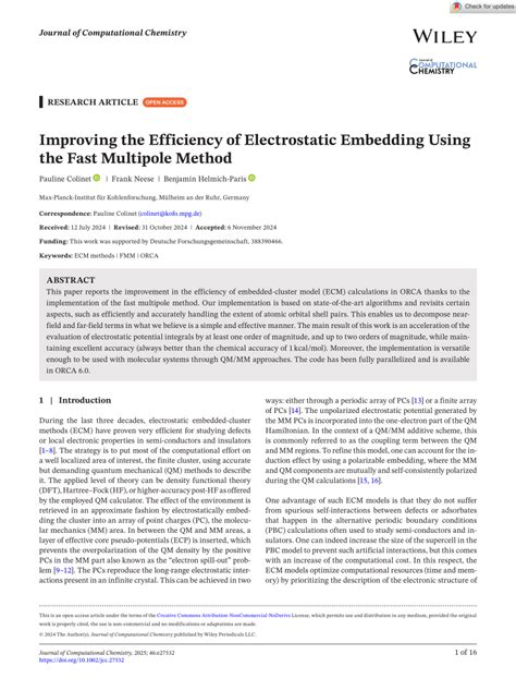 Pdf Improving The Efficiency Of Electrostatic Embedding Using The Fast Multipole Method