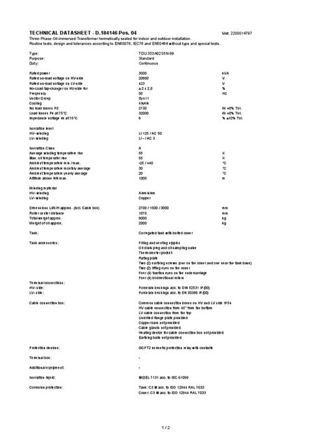 Example 3500 1600kva Oil Tx Liquid Distribution Transformer Data