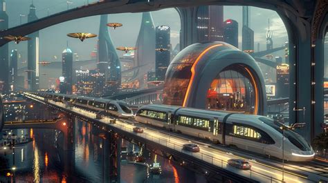 A Futuristic Public Transportation Hub With Highspeed Trains Autonomous Buses And Drone Taxis Ai