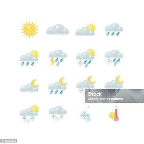 일기 예보를위한 벡터 3d 현실적인 아이콘 세트 기상학 표지판으로 그림을 렌더링합니다 입체 고체 태양 구름 비 눈 및 온도계 0명에 대한 스톡 벡터 아트 및 기타 이미지
