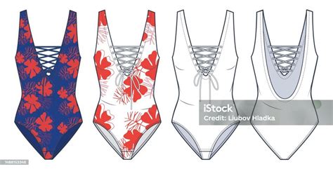 레이스업 수영복 테크니컬 패션 일러스트레이션 꽃무늬 디자인 원피스 수영복 수영복 패션 플랫 기술 도면 템플릿 V 목 전면 및 후면보기 흰색과 파란색 여성 Cad 모형 세트