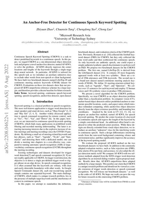 An Anchor Free Detector For Continuous Speech Keyword Spotting Deepai