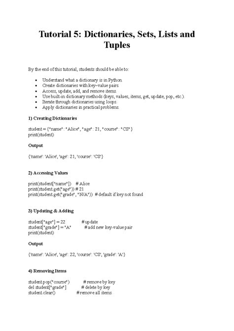 Tutorial 4 Python Data Structures Dictionaries Sets Lists Tuples