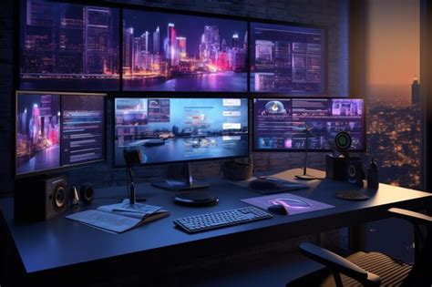Premium Ai Image A Video Editors Desk With Multiple Screens Display