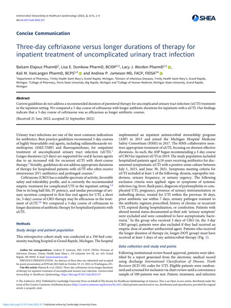 Pdf Three Day Ceftriaxone Versus Longer Durations Of Therapy For