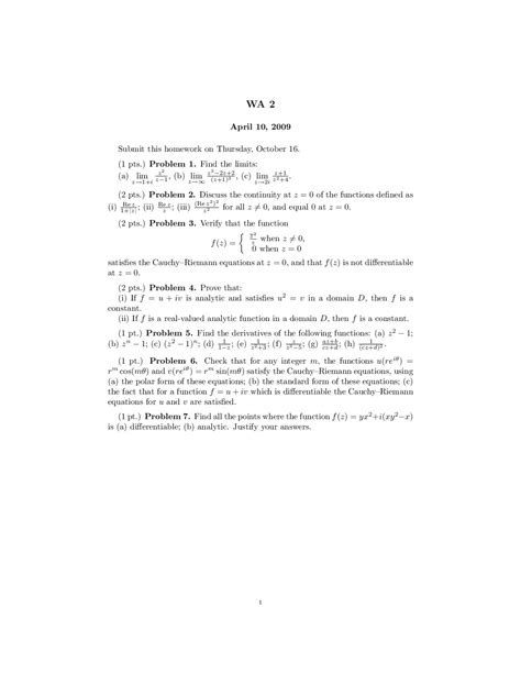 7 Problems On Complex Variables L Assignment Math 630 Docsity