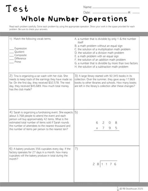 Whole Number Operations Test 15 Question Assessment By Rb Skoolhouse