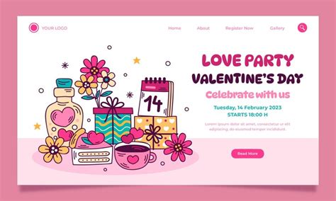 손으로 그린 발렌타인 데이 방문 페이지 템플릿 무료 벡터