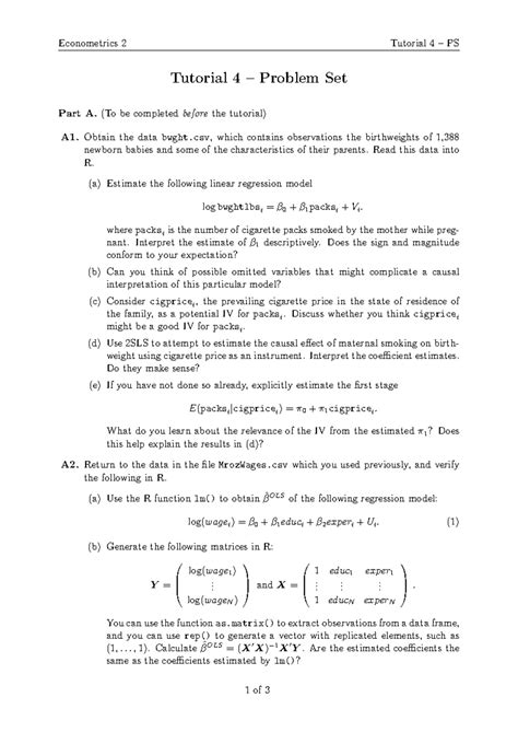 Tut04 Ps Tutorial Econometrics 2 Tutorial 4 Ps Tutorial 4