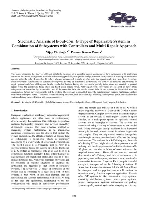 Pdf Stochastic Analysis Of K Out Of N G Type Of Repairable System In Combination Of