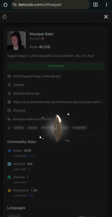 khosiyat sabir[ova] on linkedin leetcode kaggle datascience coding consistency