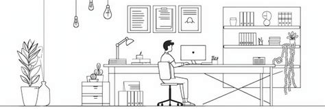 Man Working At Desk With Computer In Minimalist Interior A Minimalist Illustration Of A Man