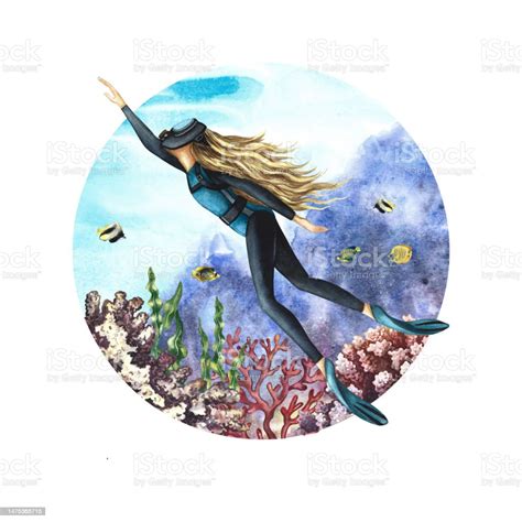 소녀 다이버는 수 중에서 수영합니다 수중 여행 손으로 그린 수채화 라벨 자석 명함에 대한 개념 거북이에 대한 스톡 벡터 아트 및 기타 이미지 Istock