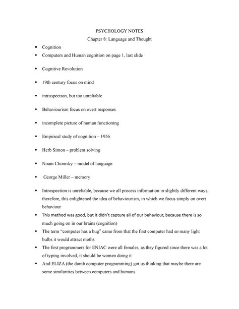 Psyc Notes Class 11 Psychology Notes Chapter 8 Language And Thought Cognition Computers And