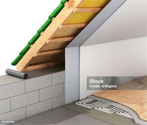 집의 지붕 그리고 따뜻한 바닥의 설치의 열 절연 제 3 차원 일러스트 레이 션 건축물에 대한 스톡 사진 및 기타 이미지 건축물 광물면 광물질 Istock