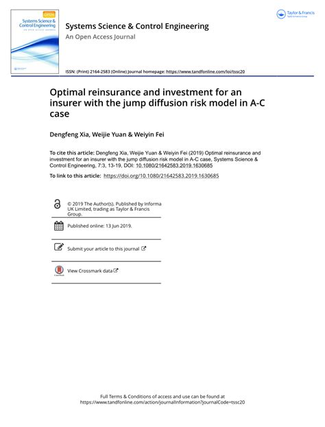 Pdf Optimal Reinsurance And Investment For An Insurer With The Jump Diffusion Risk Model In A