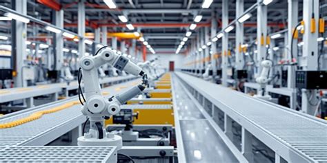 A Robotic Arm Operates In Modern Factory Lined With Conveyor Belts And Automated Machinery