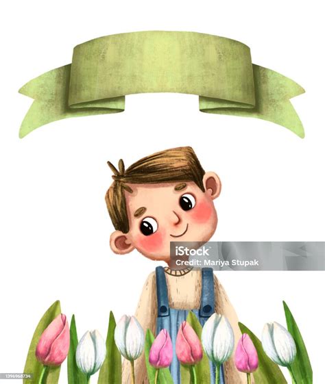 엽서 레이아웃 재미있는 어린 소년 일러스트레이션 튤립의 꽃다발 녹색 리본 배너 웃는 아기 초상화 귀여운 만화 캐릭터 손으로 그린 예술 스타일 초대 카드 봄 인사말 카드