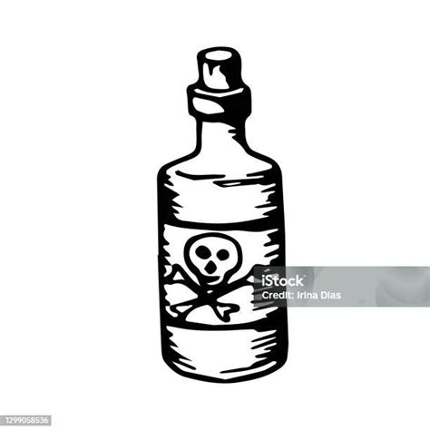 물약 마술 비약독의 바이알 코르크 유리 병 두개골과 뼈 라벨 죽음 기호 손으로 그린 할로윈 스케치 검은 윤곽은 문신을 조각 스톡 벡터 일러스트레이션 격리 독성 물질에 대한