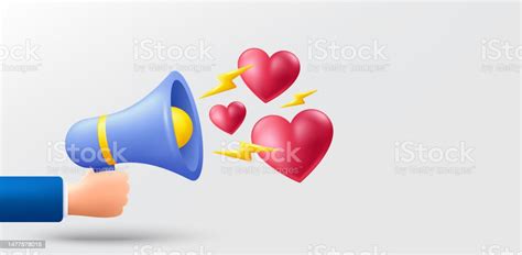 사랑은 배경을 제공합니다 현실적인 3d 손 하트와 확성기 아이콘을 잡습니다 발렌타인 데이 또는 어머니의 날 장식 벡터 3차원 형태에 대한 스톡 벡터 아트 및 기타 이미지